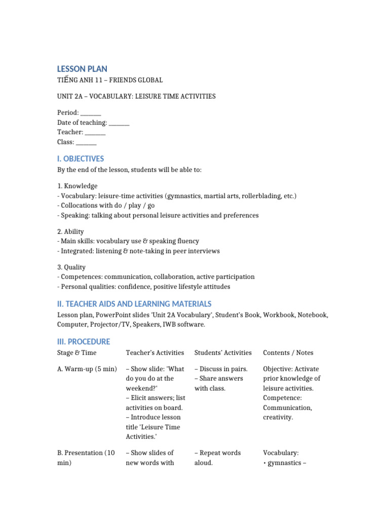 Unit 2A Vocabulary Lesson Plan | PDF | Vocabulary | Lesson Plan