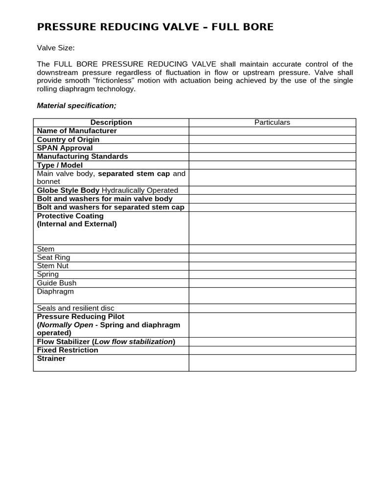SOP For Pressure Reducing Valve - FULL BORE | PDF