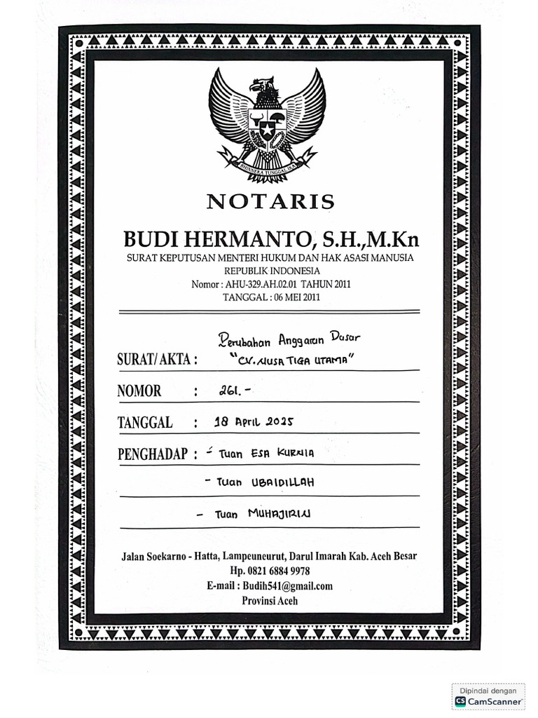 Akta Perubahan Anggaran Dasar CV Nusa Ti | PDF