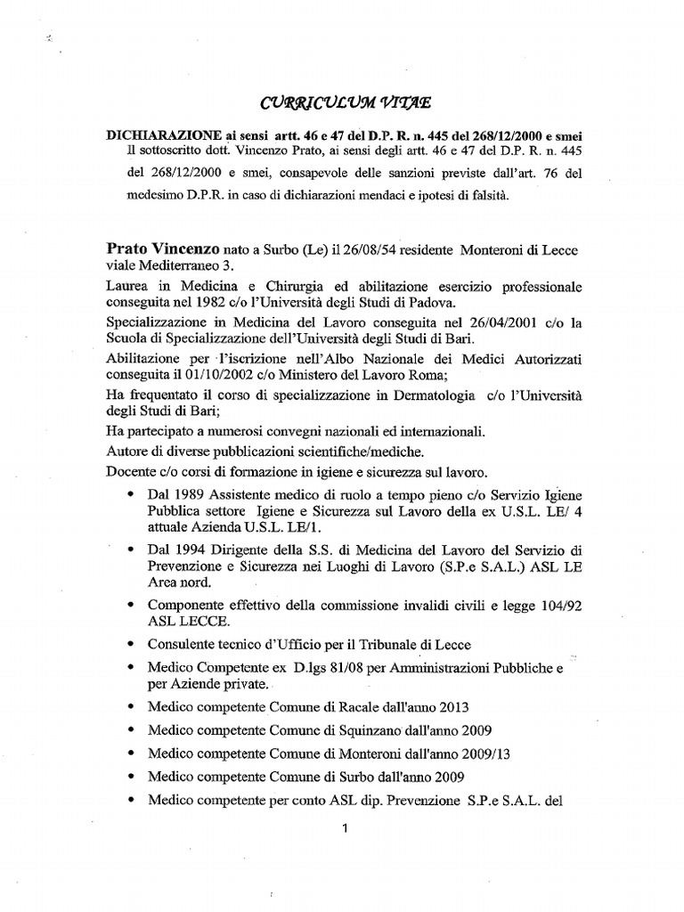 Curriculum Vitae Dott Vincenzo Prato | PDF