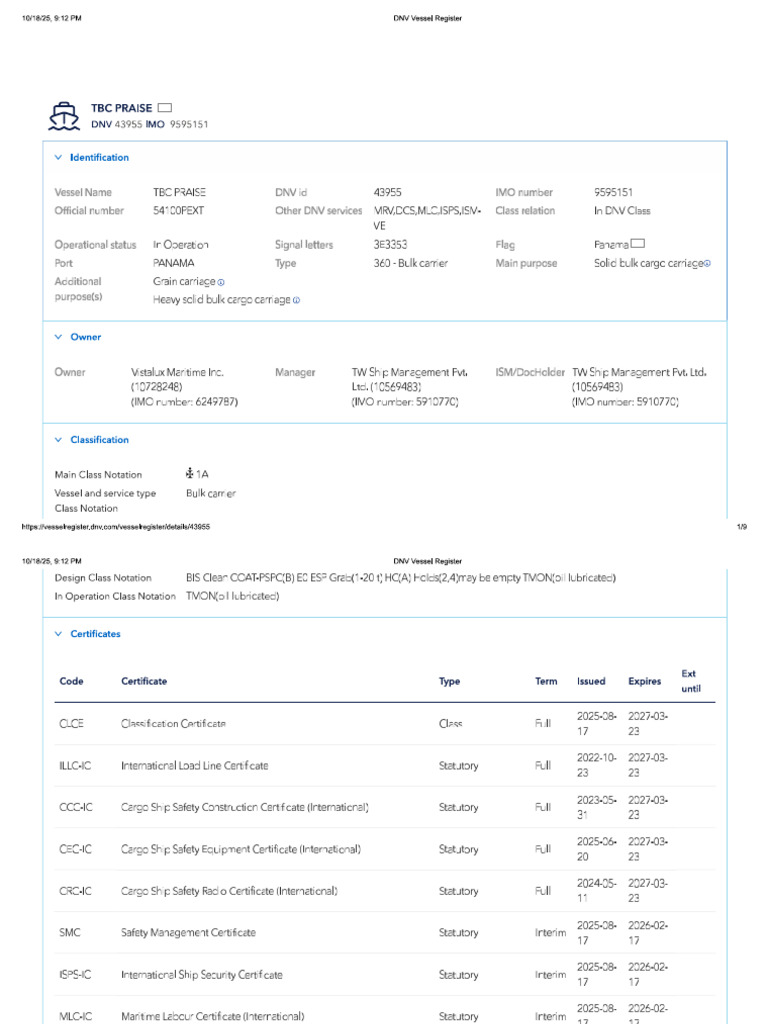 TBC Praise Vessel Status As On 18.10.2025 | PDF