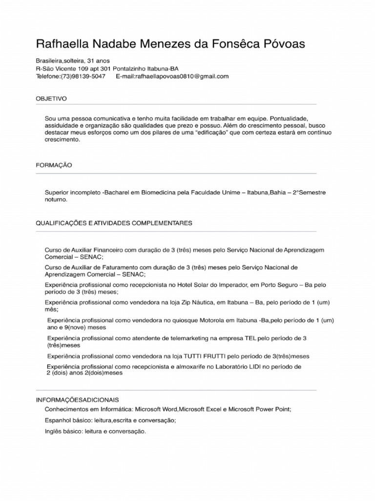 Curriculo Atualizado 2024 Rafhaella Póvoas | PDF