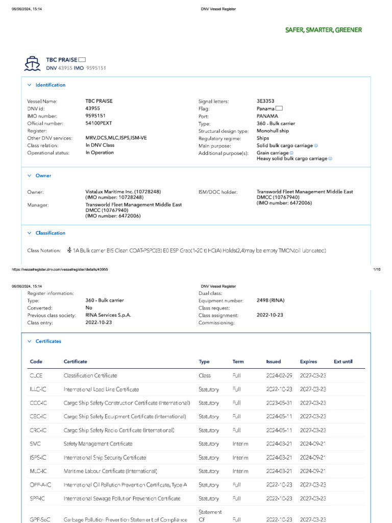 TBC Praise Vessel Status As On 06.06.2024 | PDF