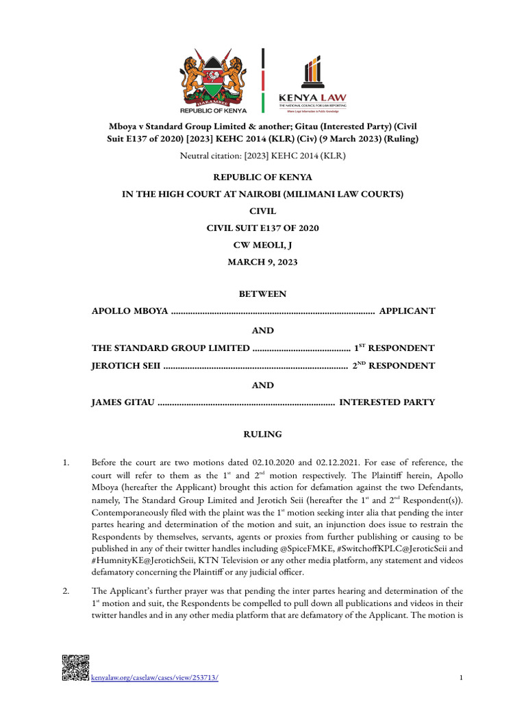 Mboya V Standard Group Limited Another Gitau (Interested Party) (Civil ...