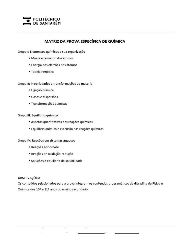 Matriz Prova Especifica Quimica | PDF
