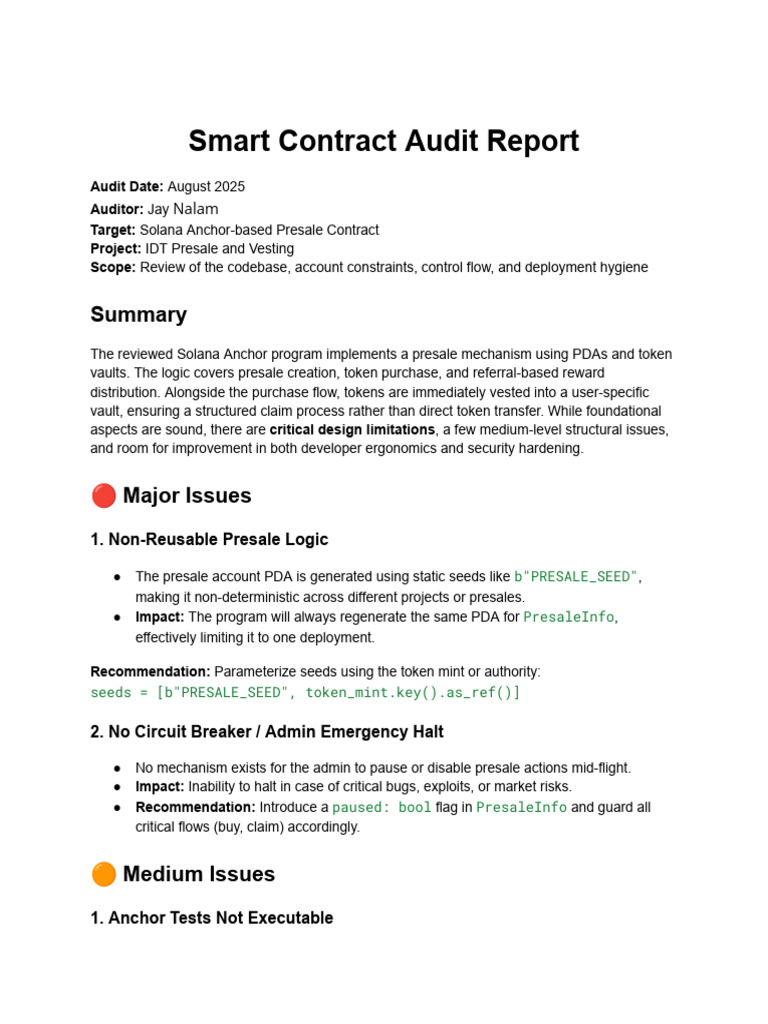 Smart Contract Audit Report - IDT | PDF | Software Development ...