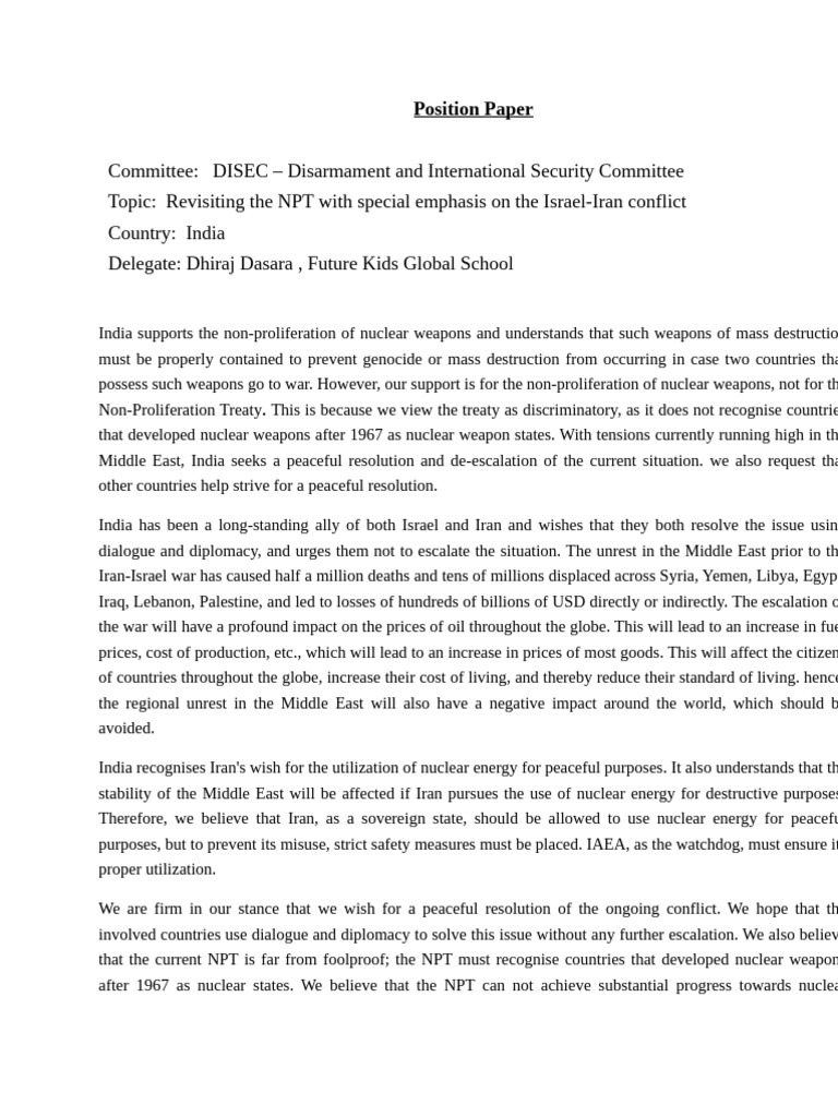 MUN Position Paper | PDF | Cost Of Living | Treaty On The Non ...
