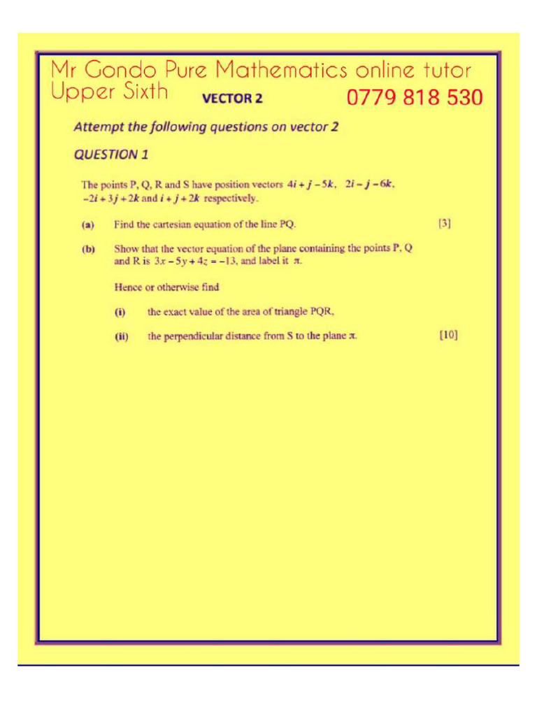 Vector 2 (Two) Pure Mathematics Questions | PDF