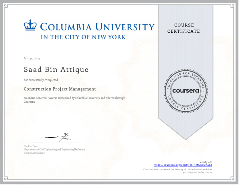 Columbia University Construction Course Completion | PDF