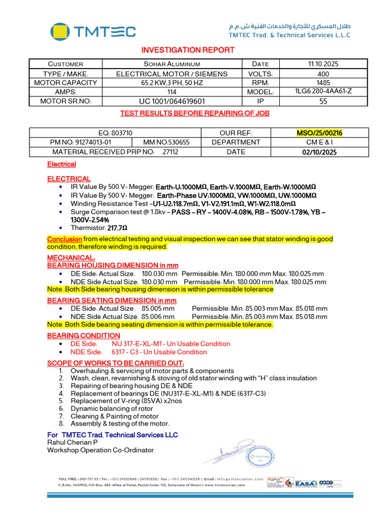 Investigation Report Mso 25 00216 Siemens Motor 65.2kw PRP 27112 | PDF ...