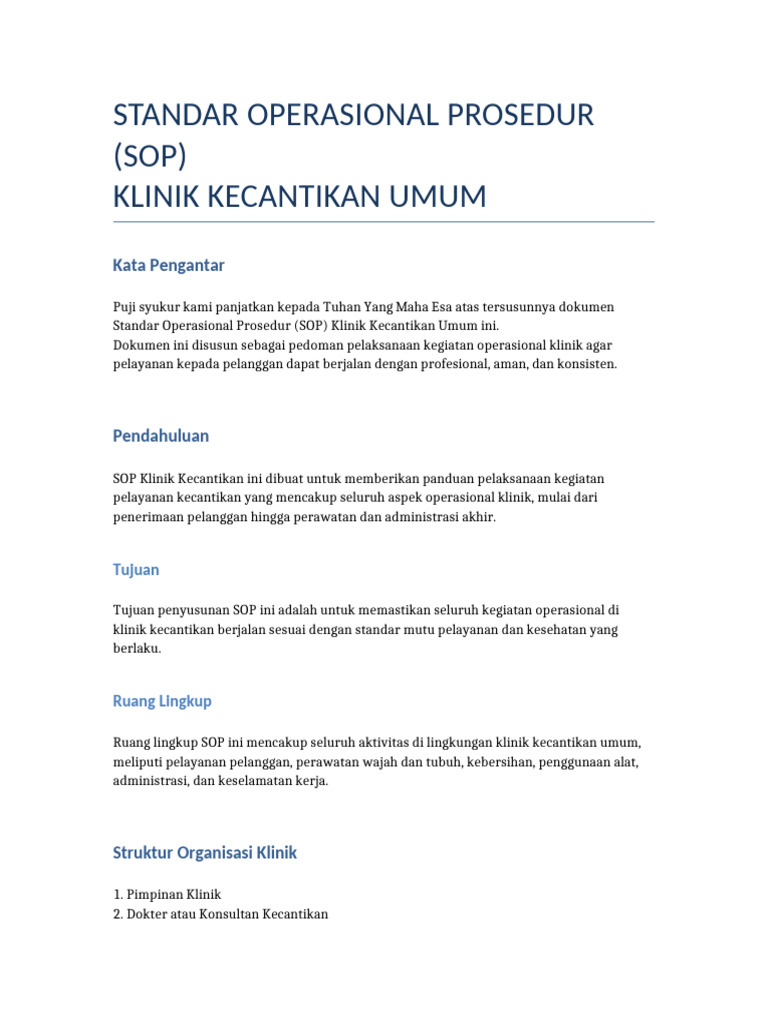 SOP Klinik Kecantikan Umum | PDF