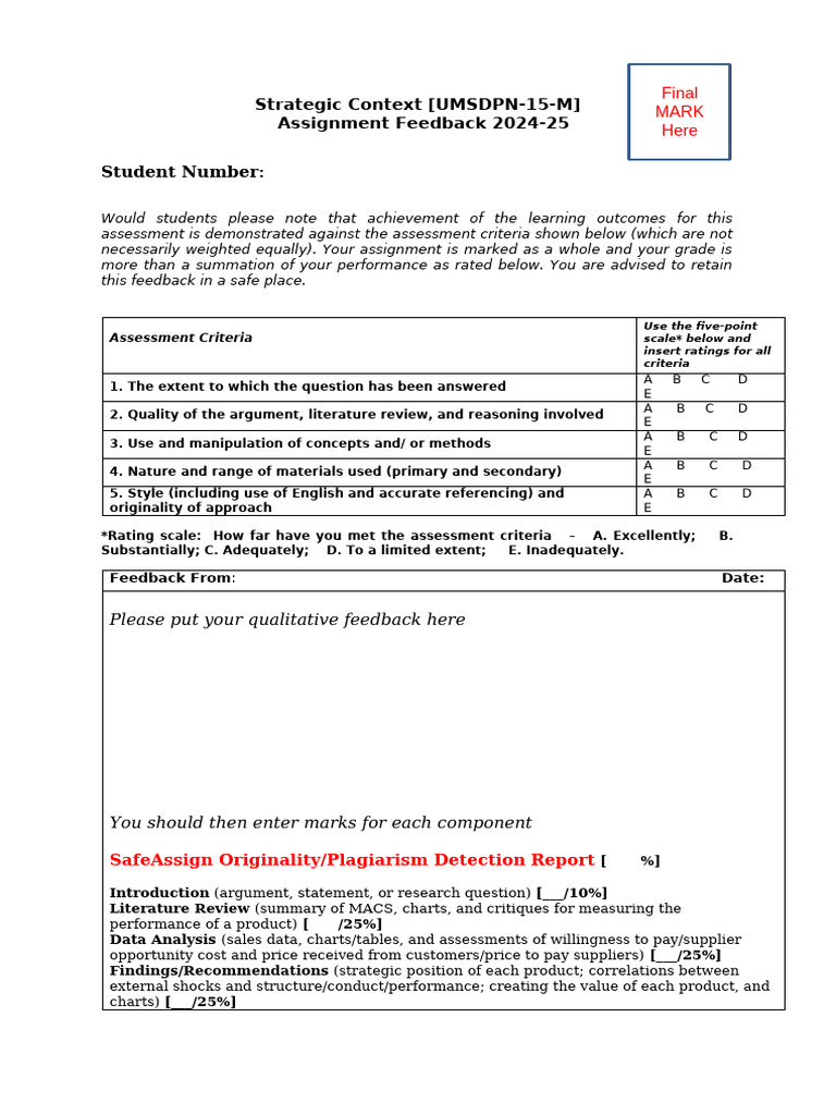 Assignment Marking Feedback Sheet | PDF