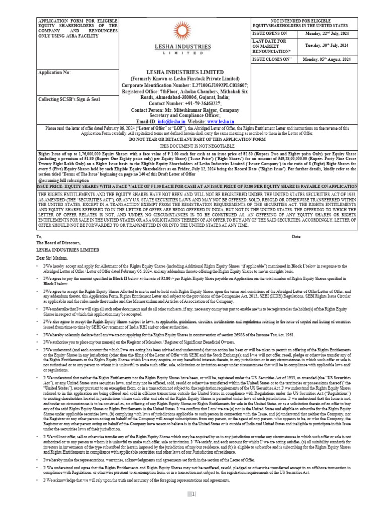 Lesha Industries Rights Issue Application Form | PDF | Securities ...