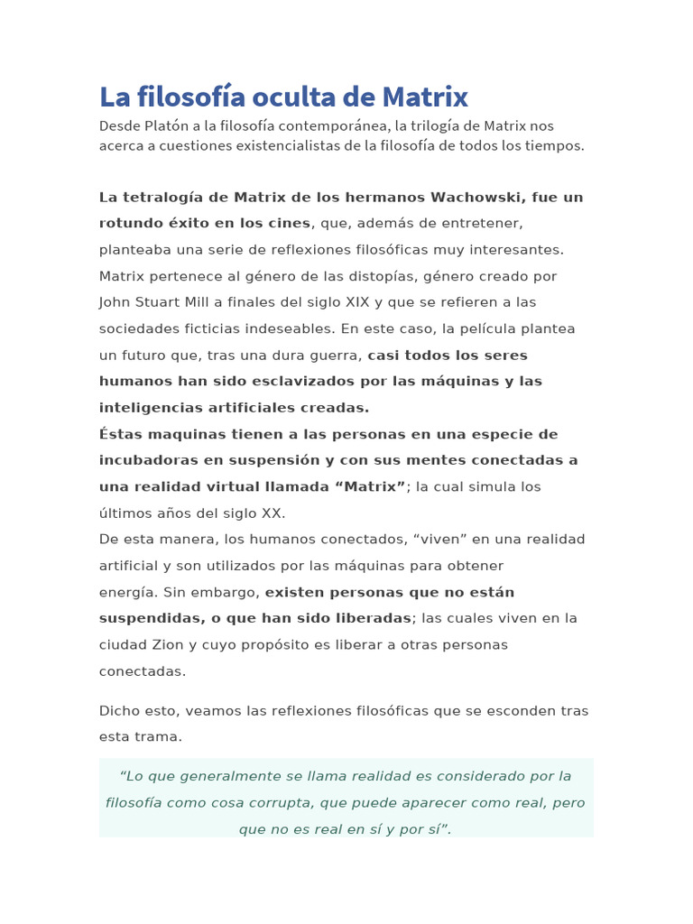 Filosofía Oculta en Matrix: Reflexiones | PDF | Mente | René Descartes
