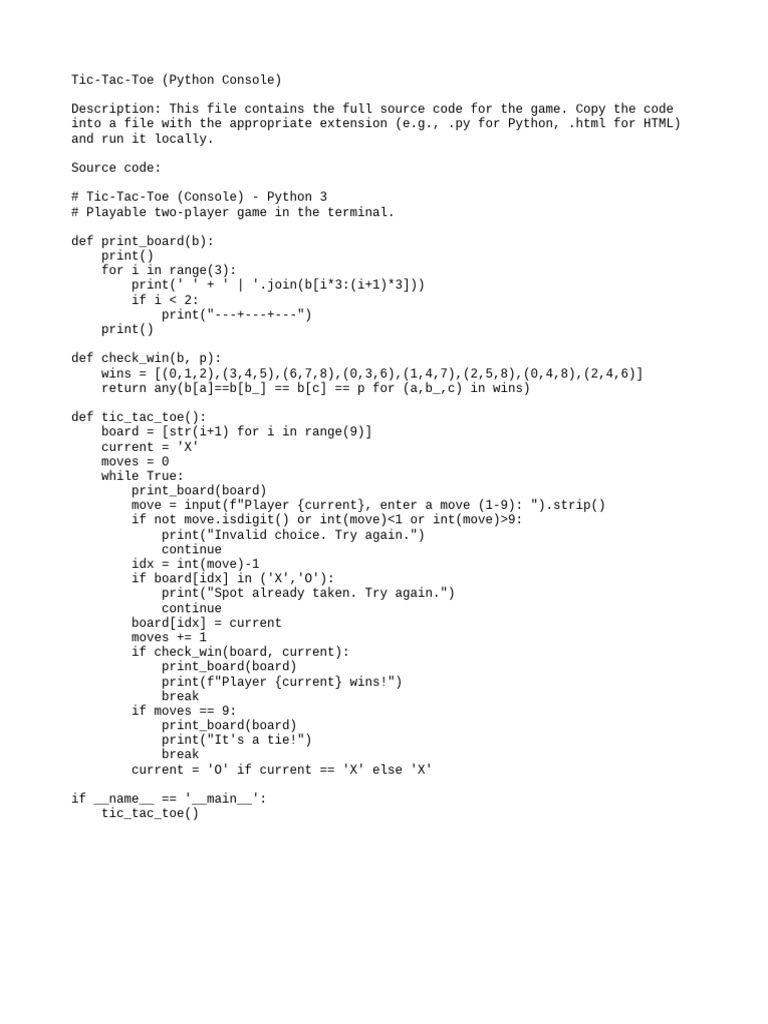 Python Console Tic-Tac-Toe Game | PDF