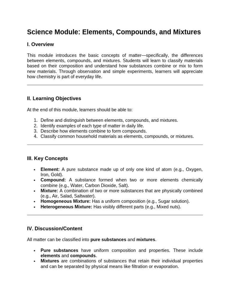 Science Module Elements, Compounds, and Mixtures | PDF | Mixture ...