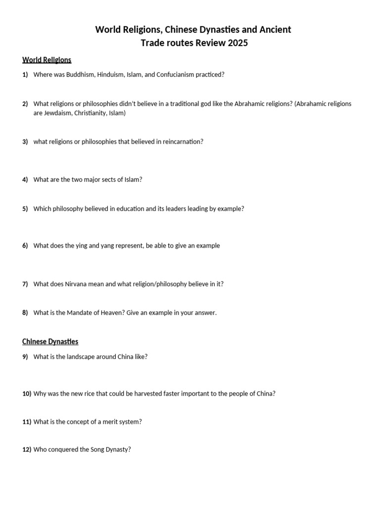 World Religions, Chinese Dynasties and Ancient Trade Routes Test Review ...