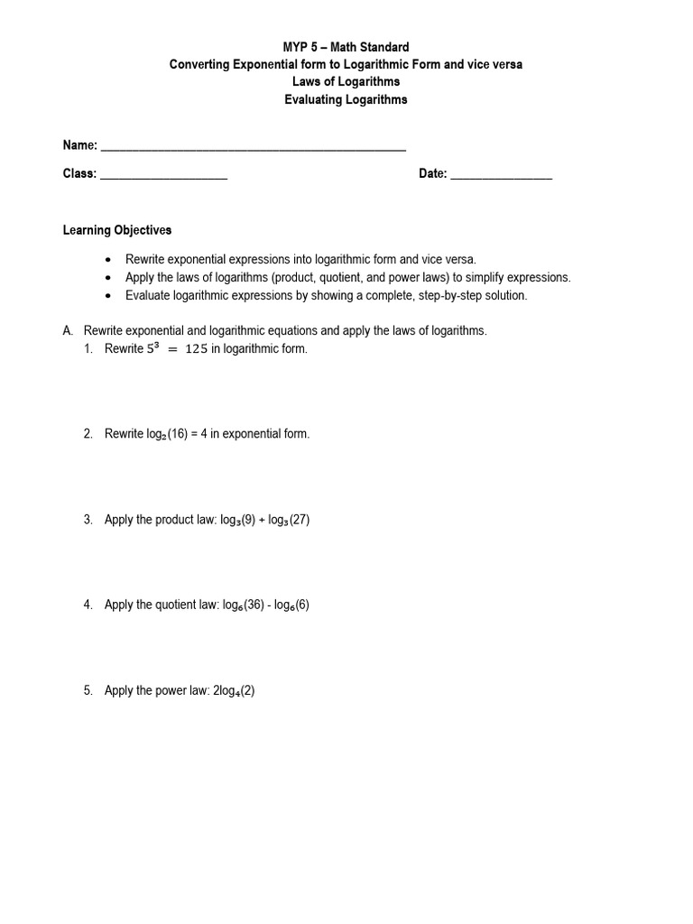 MYP 5 Math Standard Logarithms Practice 2 | PDF