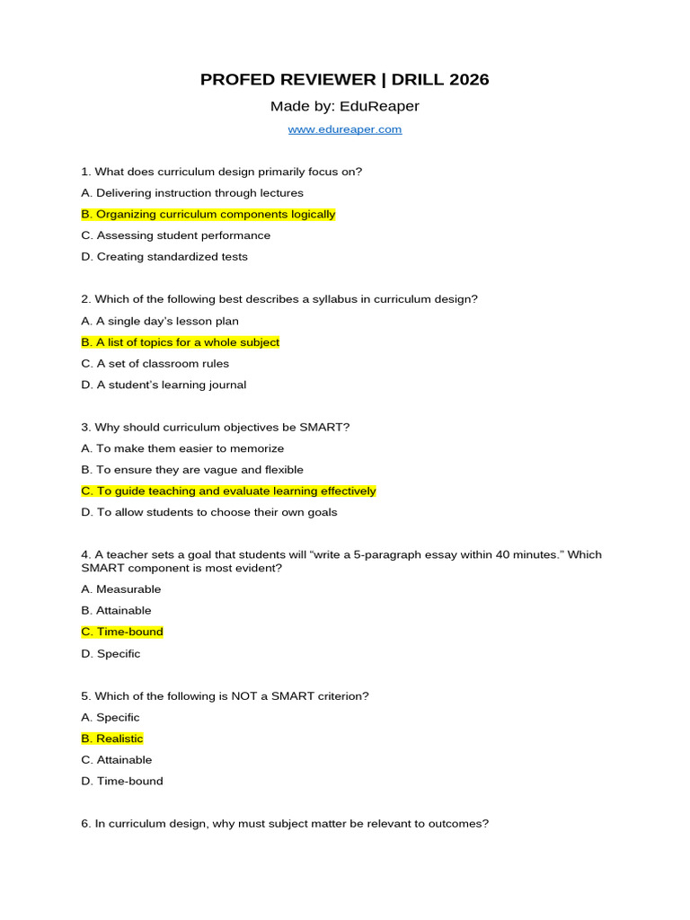 Free Profed Let Reviewer 2026 | PDF | Curriculum | Learning