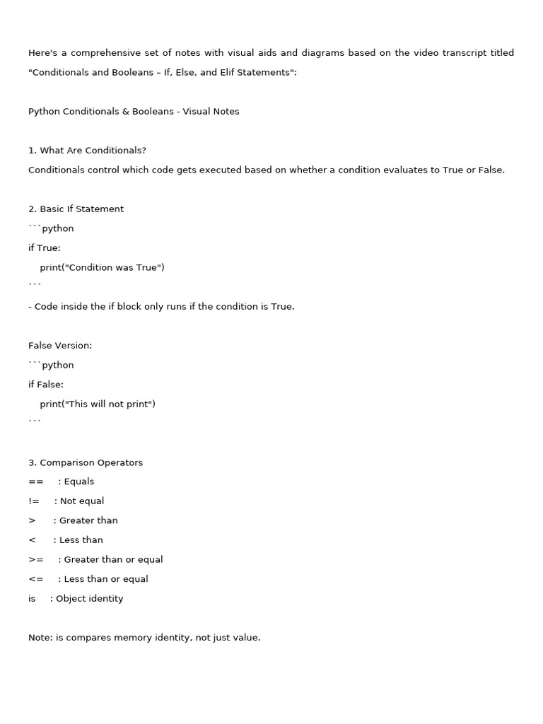 Python Conditionals And Booleans Notes Pdf Boolean Data Type