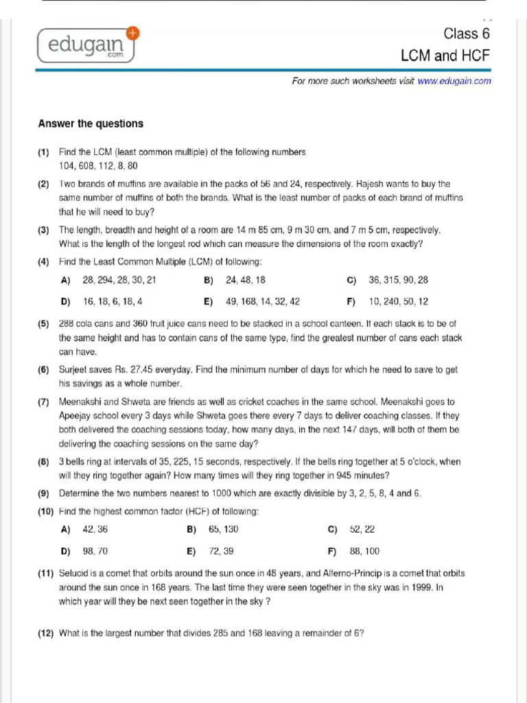 LCM and HCF Worksheets for Class 6 | PDF | Local Interstellar Cloud ...