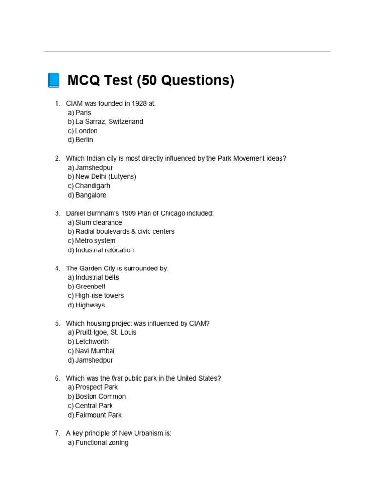 Urban Planning MCQ Test: 50 Questions | PDF | Urbanization | Design