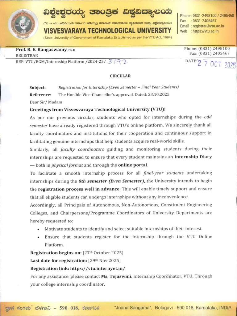 Circular (3792) - Registration For Internship During 8th Semester (Even ...