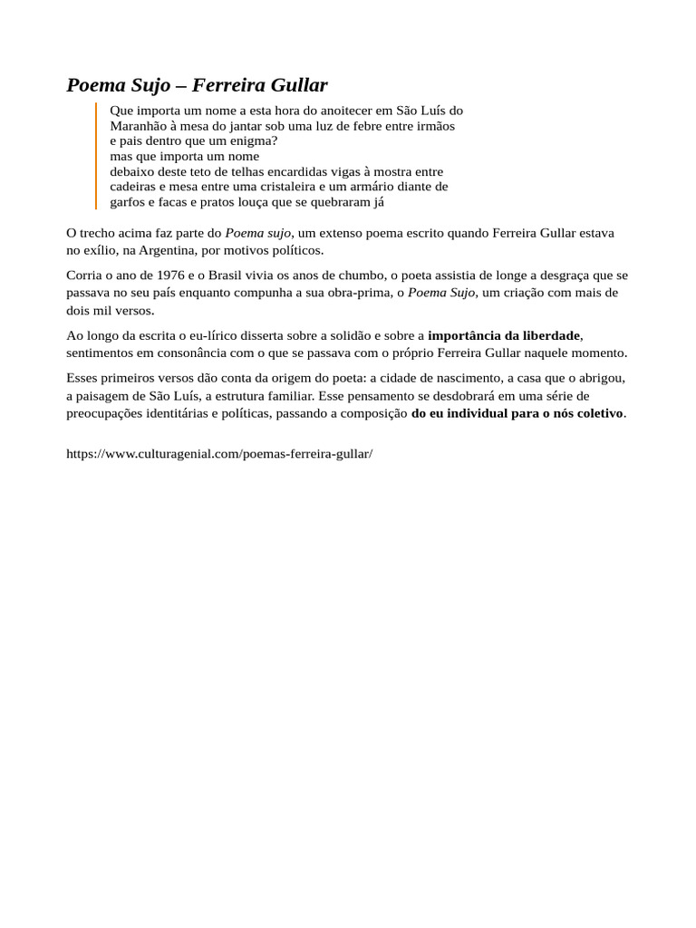 Poema Sujo: Reflexões de Ferreira Gullar | PDF