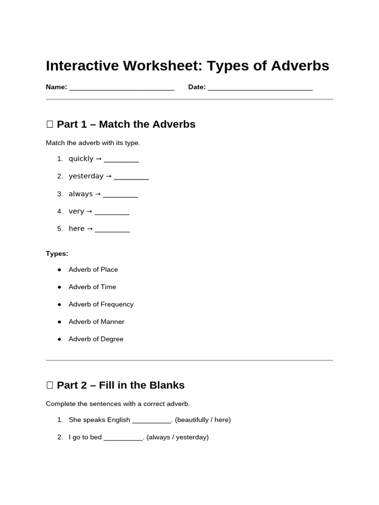 Types of Adverbs Interactive Worksheet | PDF
