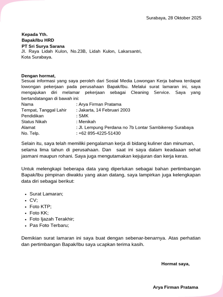 Kepada Yth. Bapak/Ibu HRD PT Sri Surya Sarana | PDF