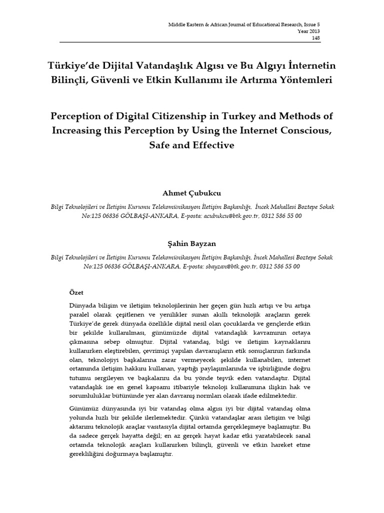 Çubukçu A.,& Bayzan, Ş. (2013) Turkiye de Dijital Vatandaslik Algisi Ve ...