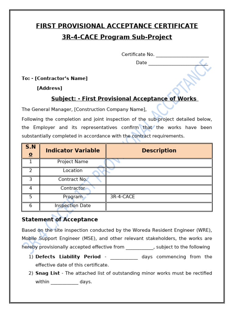 First Provisional Acceptance Certificate | PDF
