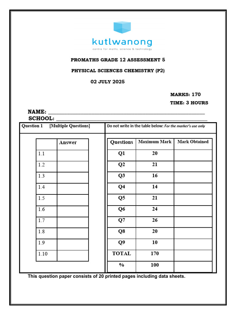 Promaths Grade 12 Physical Sciences Assesment 5 (Mid Year Paper 2 ...