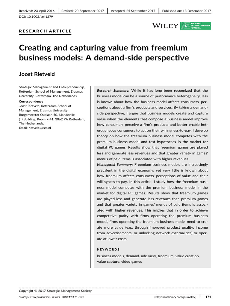 Creating and Capturing Value From Freemium Business Models | PDF ...