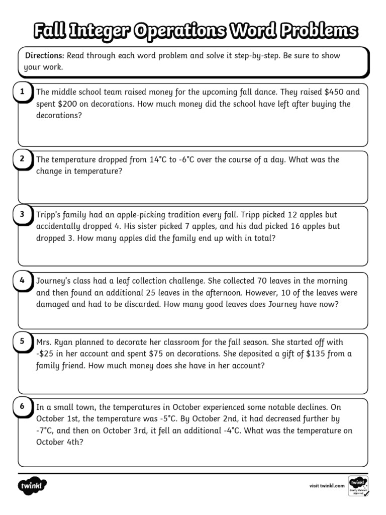 Fall Integer Operations Word Problems | PDF