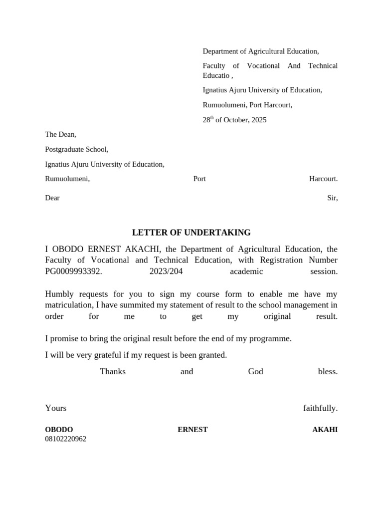 Letter of Undertaking for Matriculation | PDF
