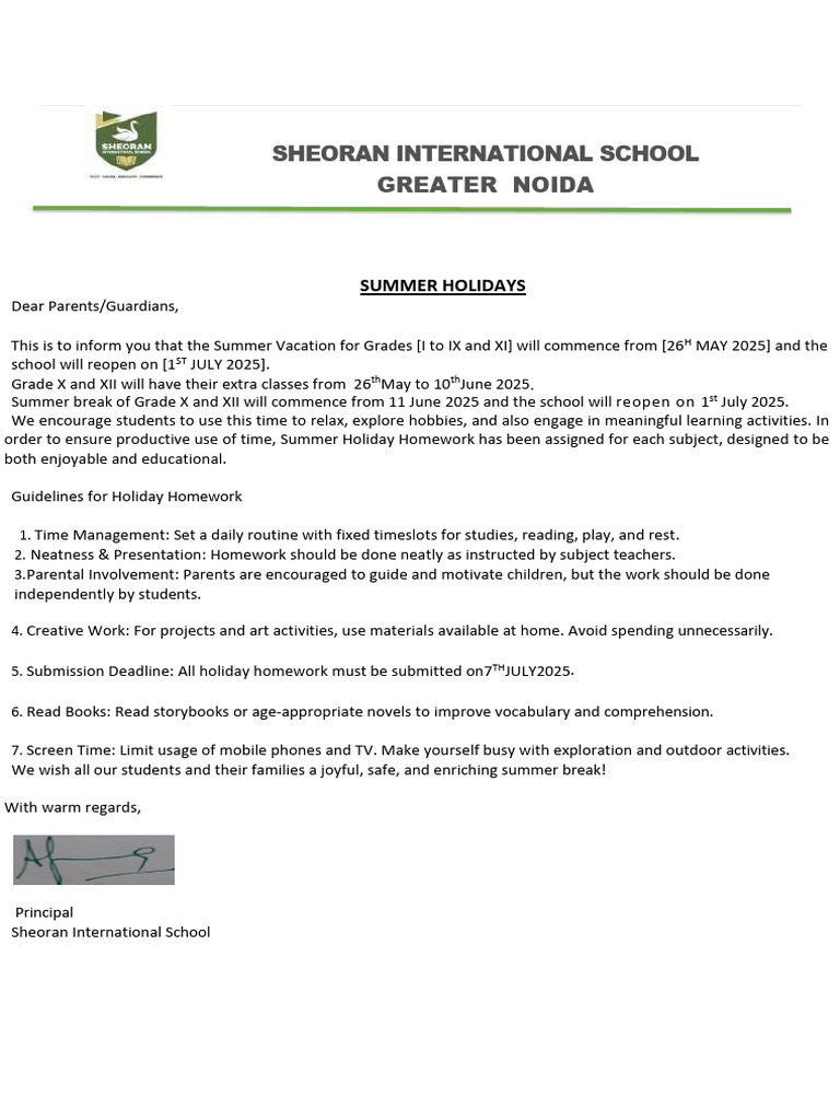 Summer Break Circular Parents | PDF