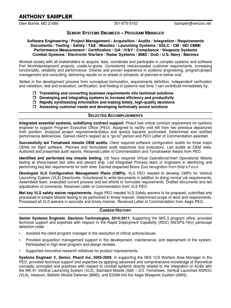Senior Systems Engineer in Washington DC Resume Anthony Sampler ...
