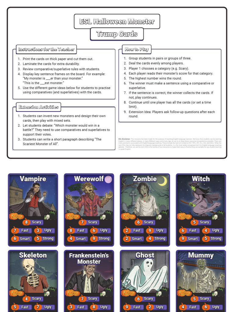 T e 1757669498 Esl Halloween Monster Trump Cards Teens A2 Ver 2 | PDF ...