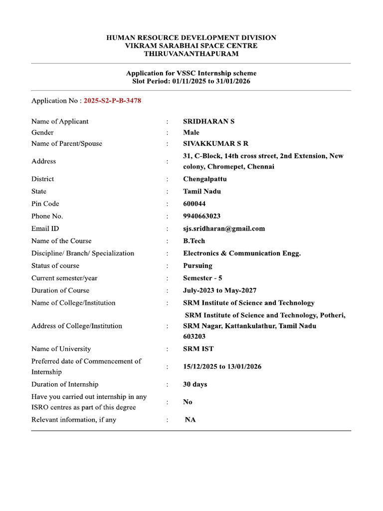VSSC Internship Form | PDF