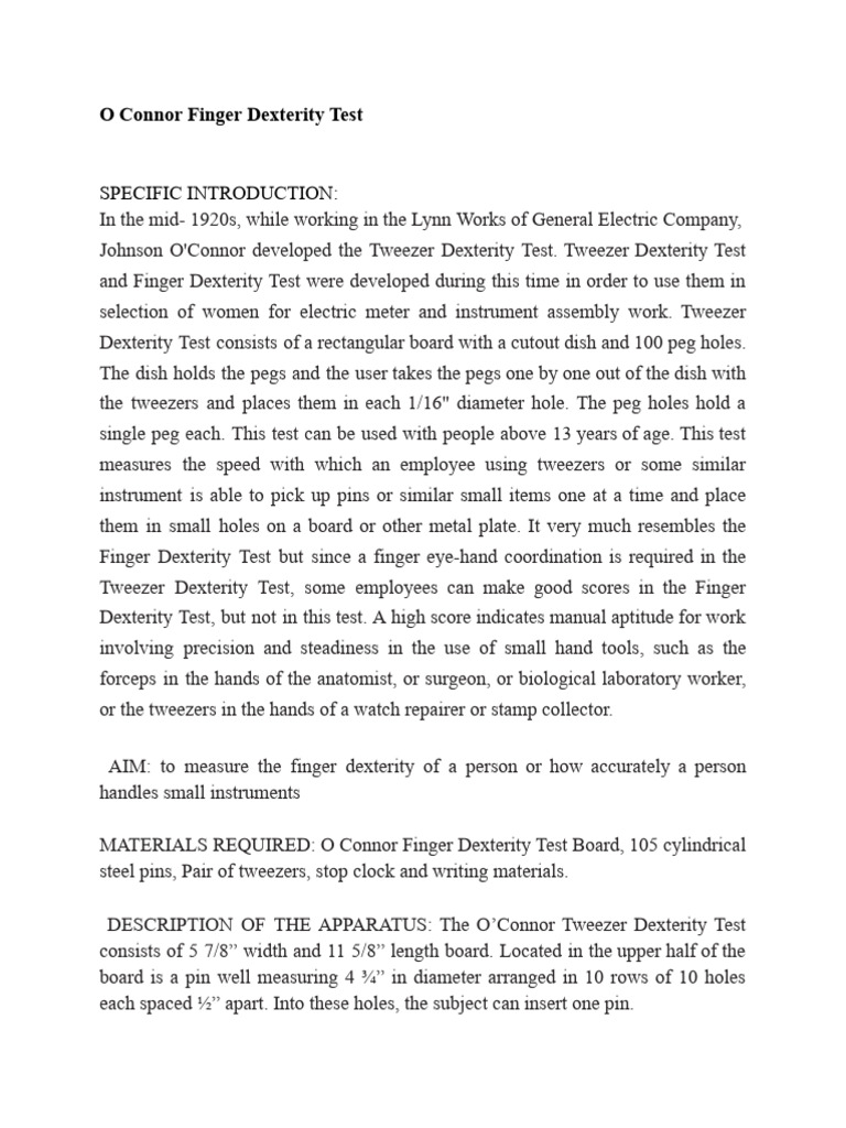 O Connnoro Tweezer Dexterity Test | PDF
