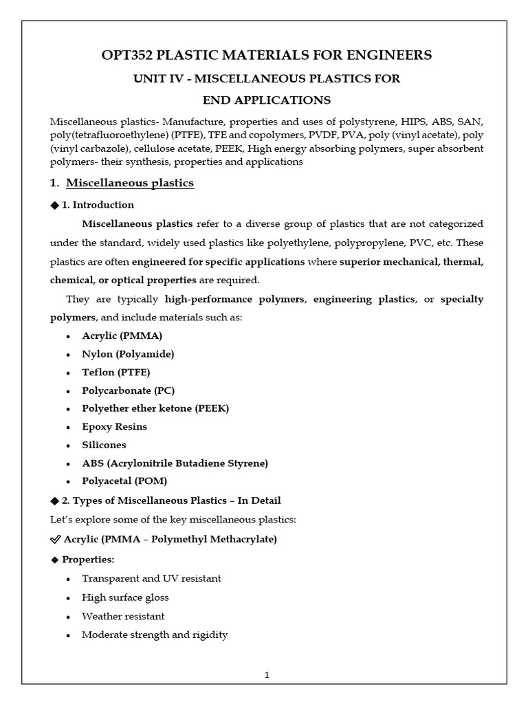 Unit 4, Miscellaneous Plastics For End Applications | PDF | Polystyrene ...