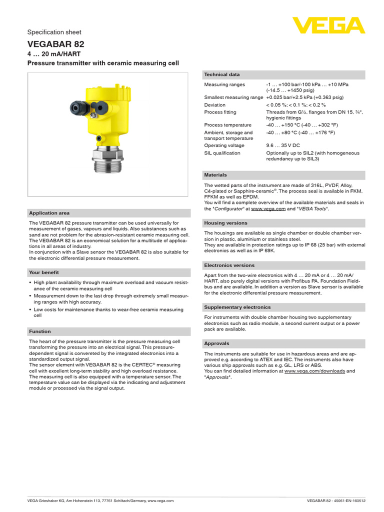 VEGABAR 82 - Specification Sheet. | PDF | Pressure | Physical Quantities