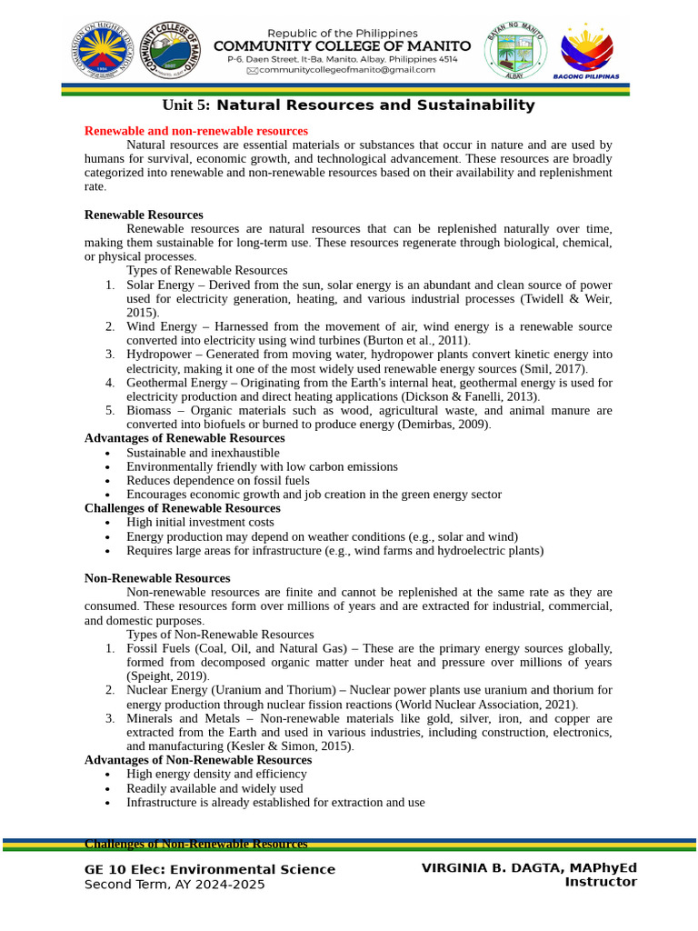 READING MATERIAL UNIT 5 Natural Resources and Sustainability | PDF ...