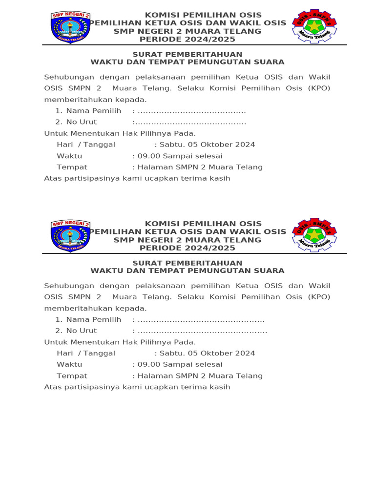 Undangan Pemilihan Ketua OSIS 2024 | PDF