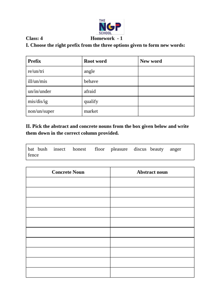 4th Grade Prefix and Noun Homework | PDF