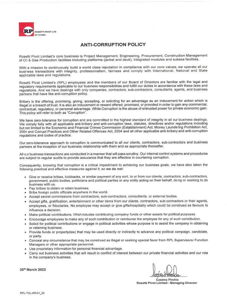 Anti Corruption Policy | PDF