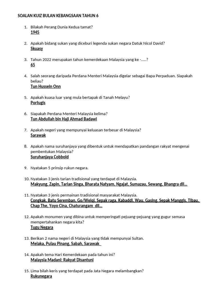 Soalan Kuiz Bulan Kebangsaan Tahun 6 Dan 4 | PDF