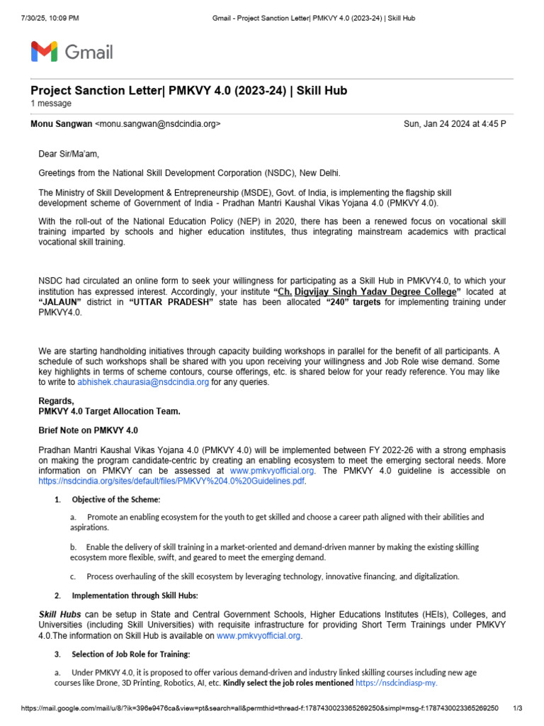 PMKVY 4.0 Project Sanction Letter | PDF | Vocational Education