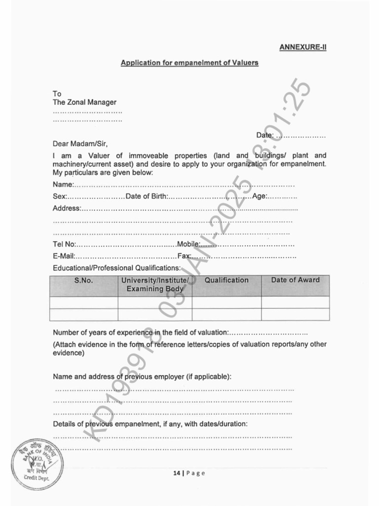 Valuer Application Form BOI | PDF